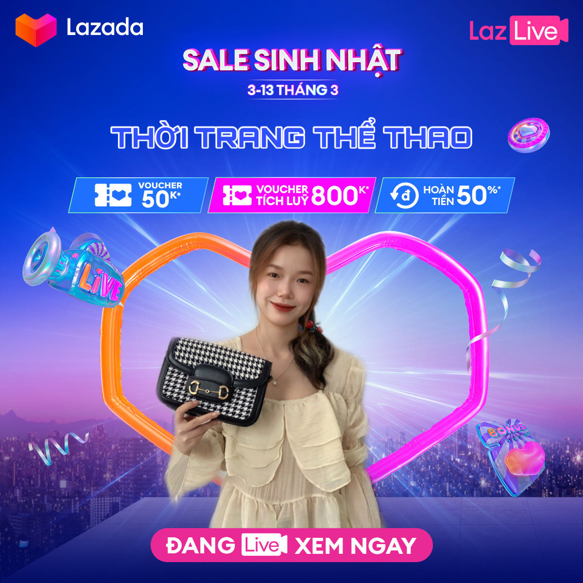 Chào tôi sẽ bắt đầu livestream trên Lazada-Live tại 03-13 22:00. Đừng ...